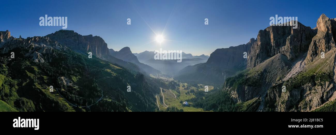 Aerial view of Gardena Pass, Passo Gardena, Rifugio Frara, Dolomiti ...