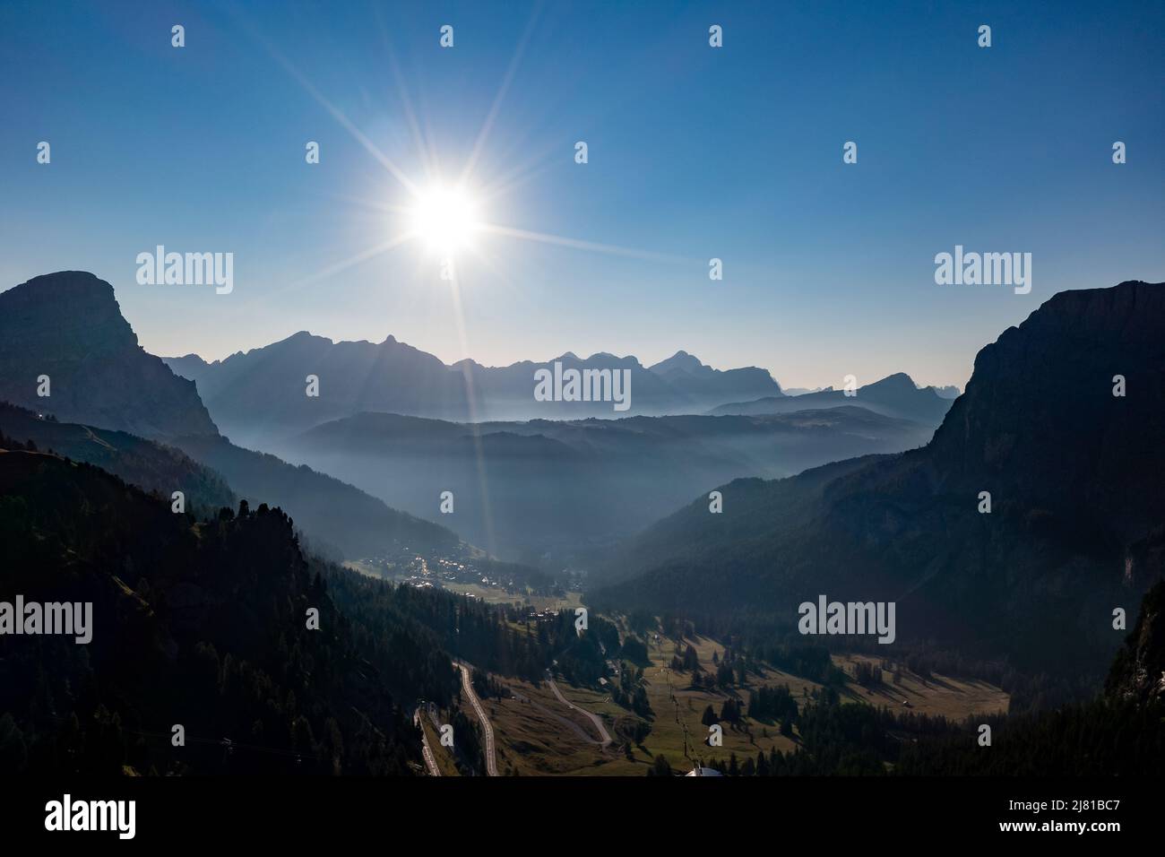Aerial view of Gardena Pass, Passo Gardena, Rifugio Frara, Dolomiti ...