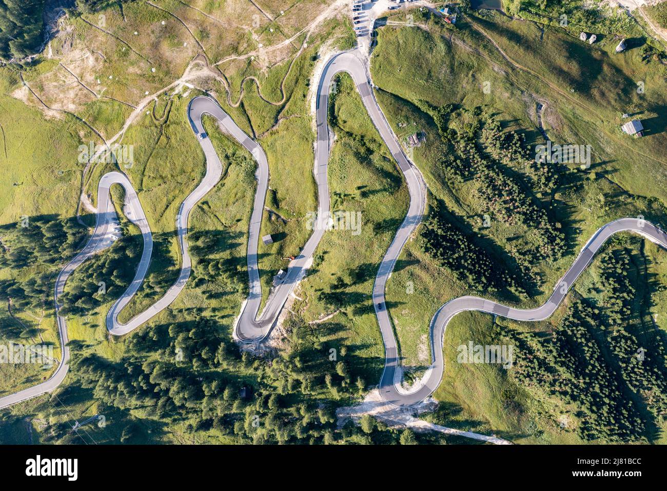 Aerial view of Gardena Pass, Passo Gardena, Rifugio Frara, Dolomiti ...