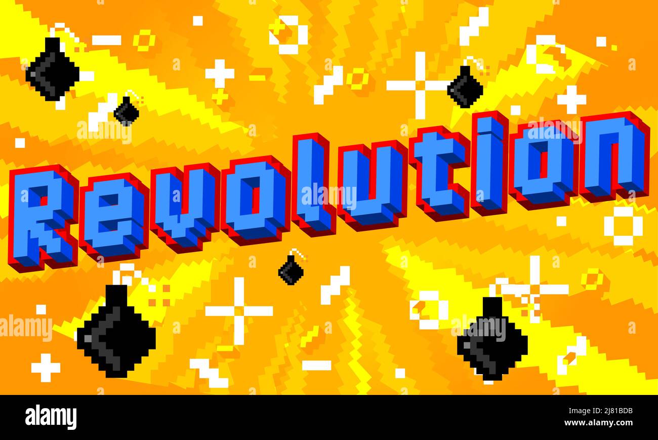 Revolution pixelated word with geometric graphic background. Vector ...