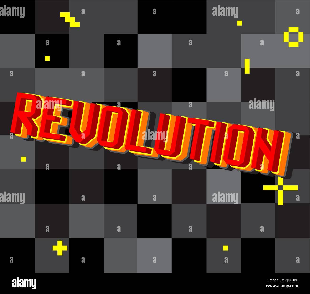 Revolution pixelated word with geometric graphic background. Vector ...