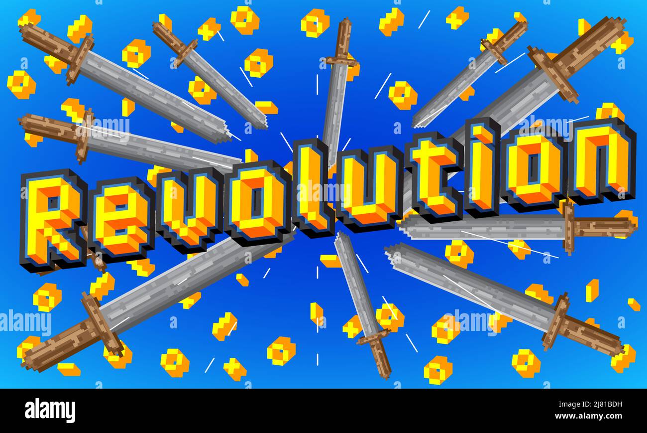 Revolution pixelated word with geometric graphic background. Vector ...