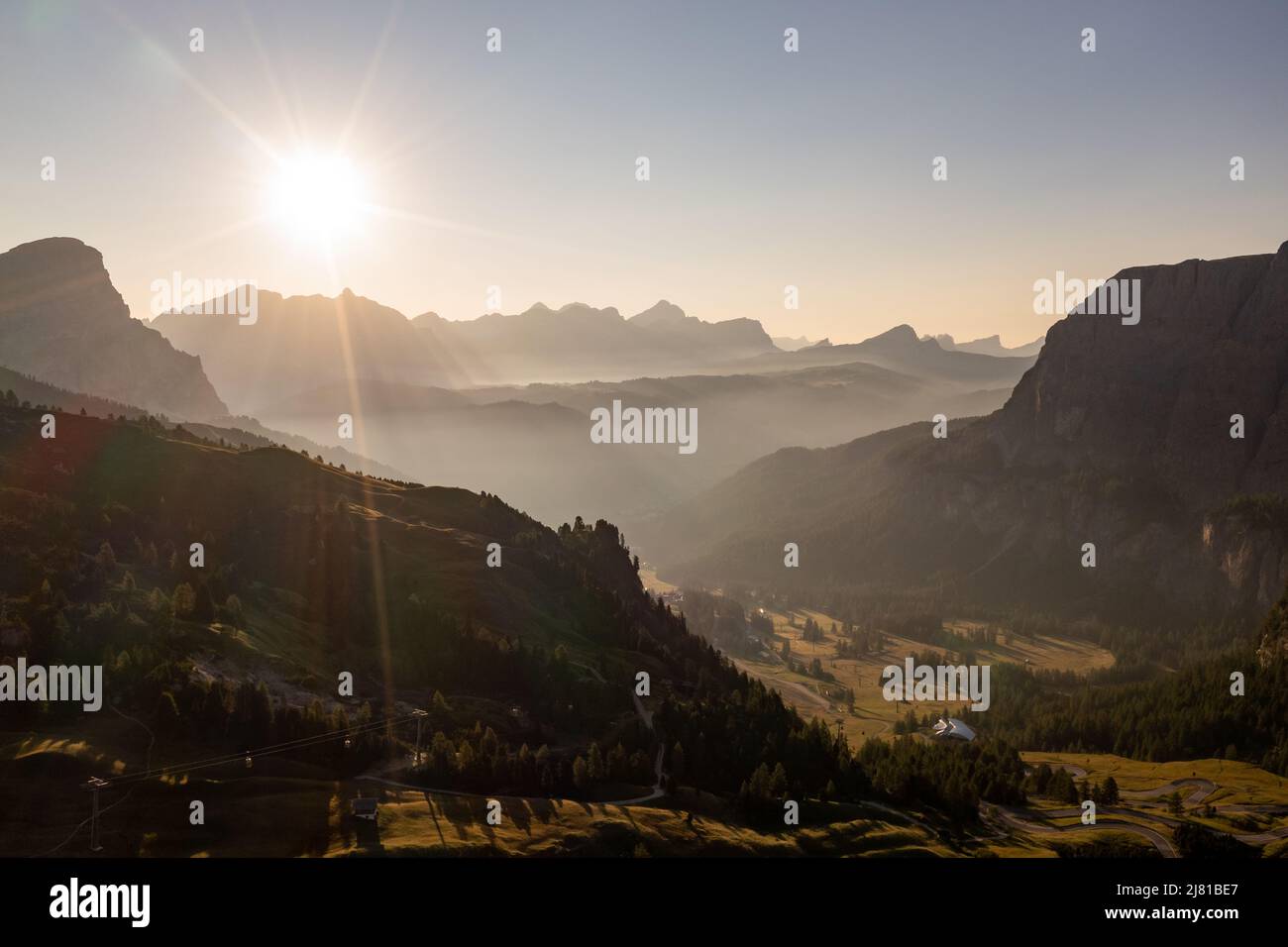 Aerial view of Gardena Pass, Passo Gardena, Rifugio Frara, Dolomiti ...