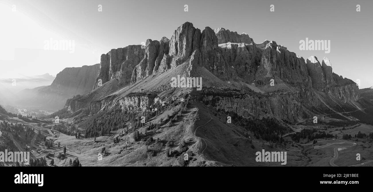 Aerial view of Gardena Pass, Passo Gardena, Rifugio Frara, Dolomiti ...