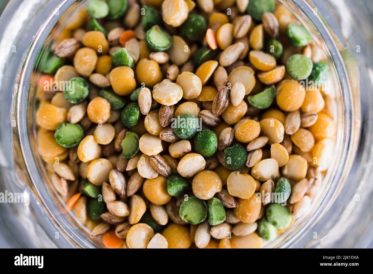 spice jar with lentil and bean soup mix close-up shot of pantry ...