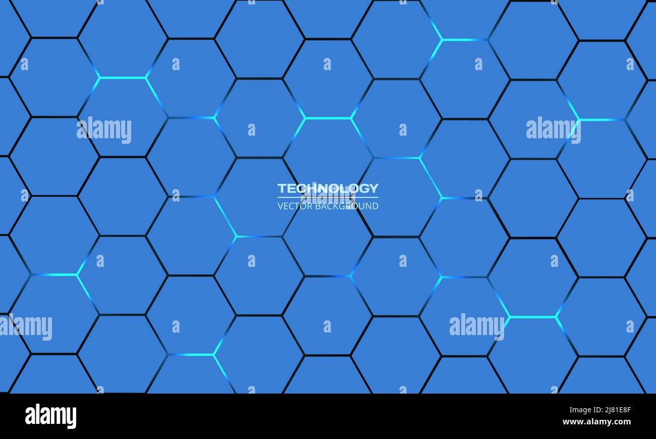 Blue hexagonal technology vector abstract background. Blue bright energy flashes under hexagon ...