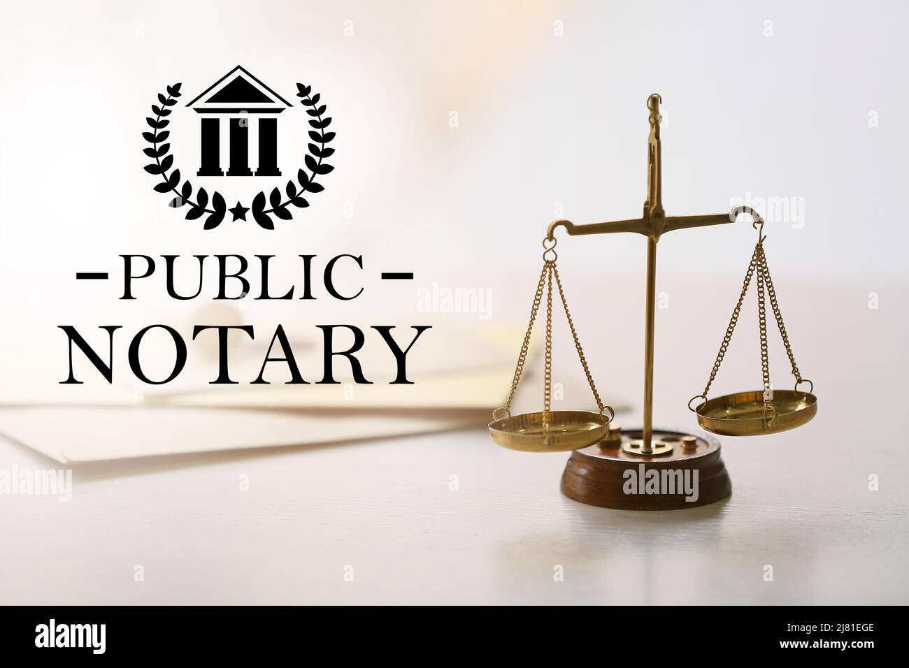 Scales of justice and text PUBLIC NOTARY on light background Stock ...