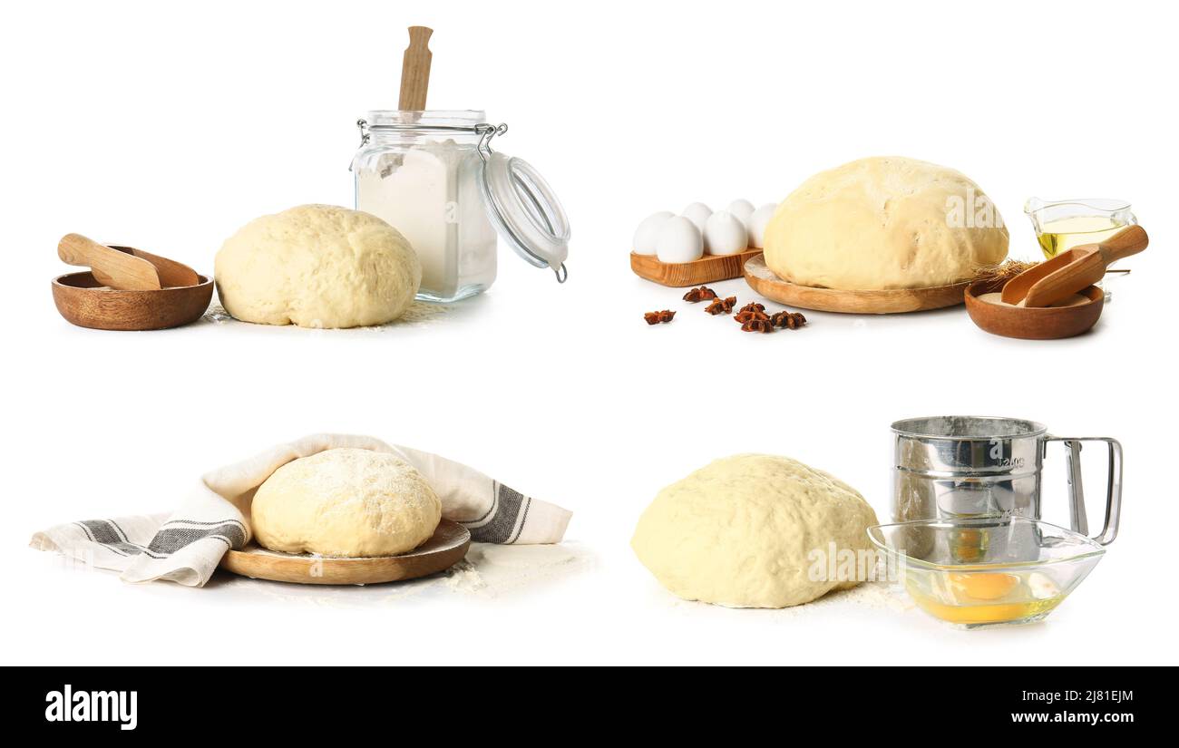 Set of fresh dough with ingredients on white background Stock Photo - Alamy