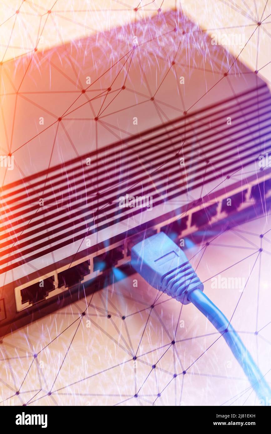 Modern wi-fi router and internet cable on light background, closeup ...