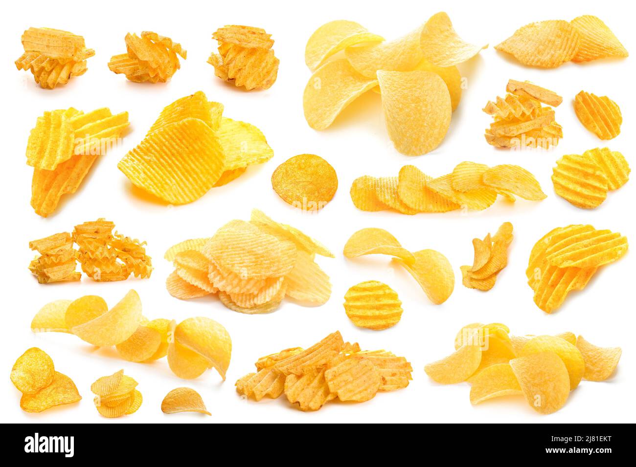 Different tasty potato chips on white background Stock Photo - Alamy