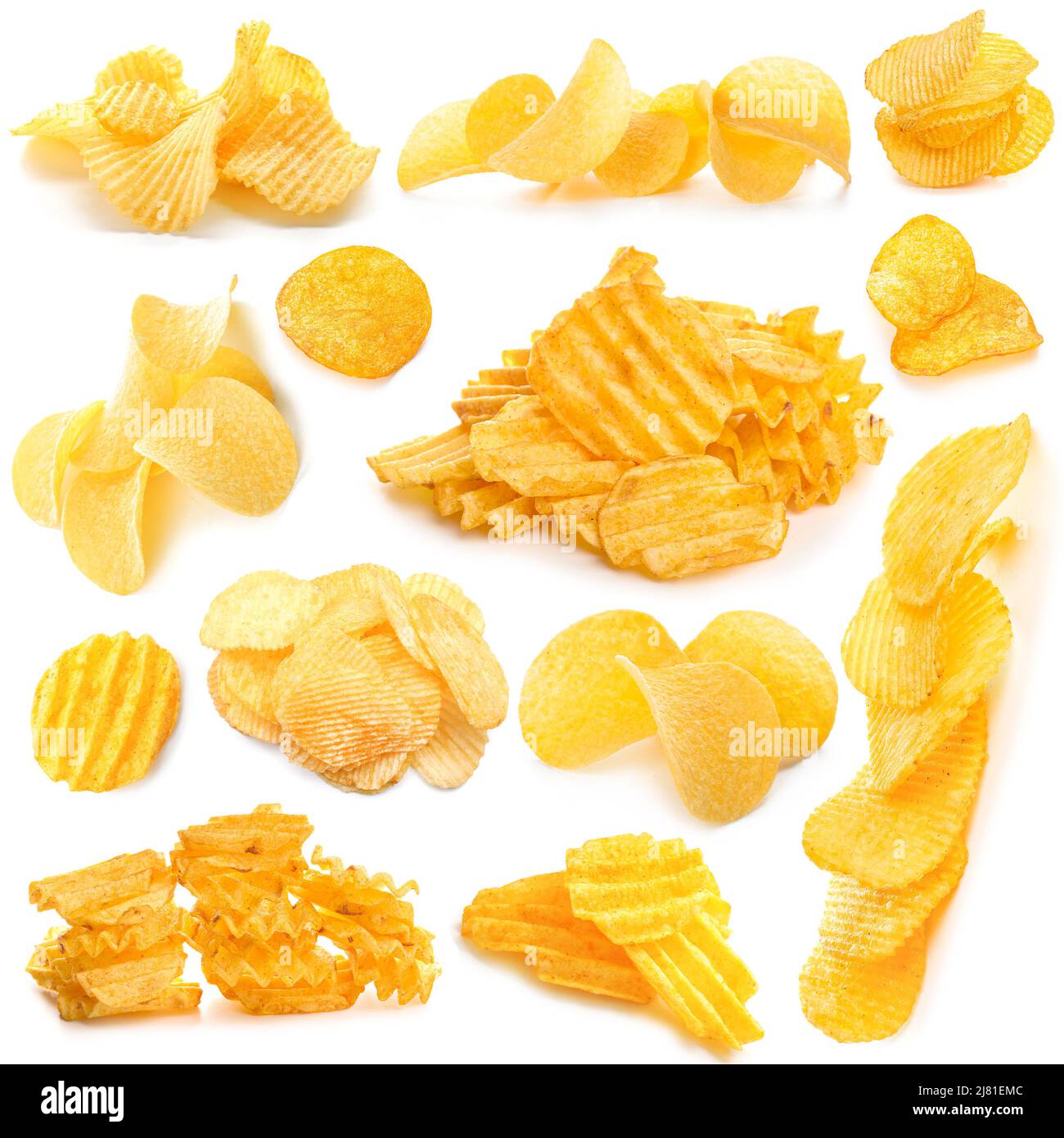 Different tasty potato chips on white background Stock Photo - Alamy