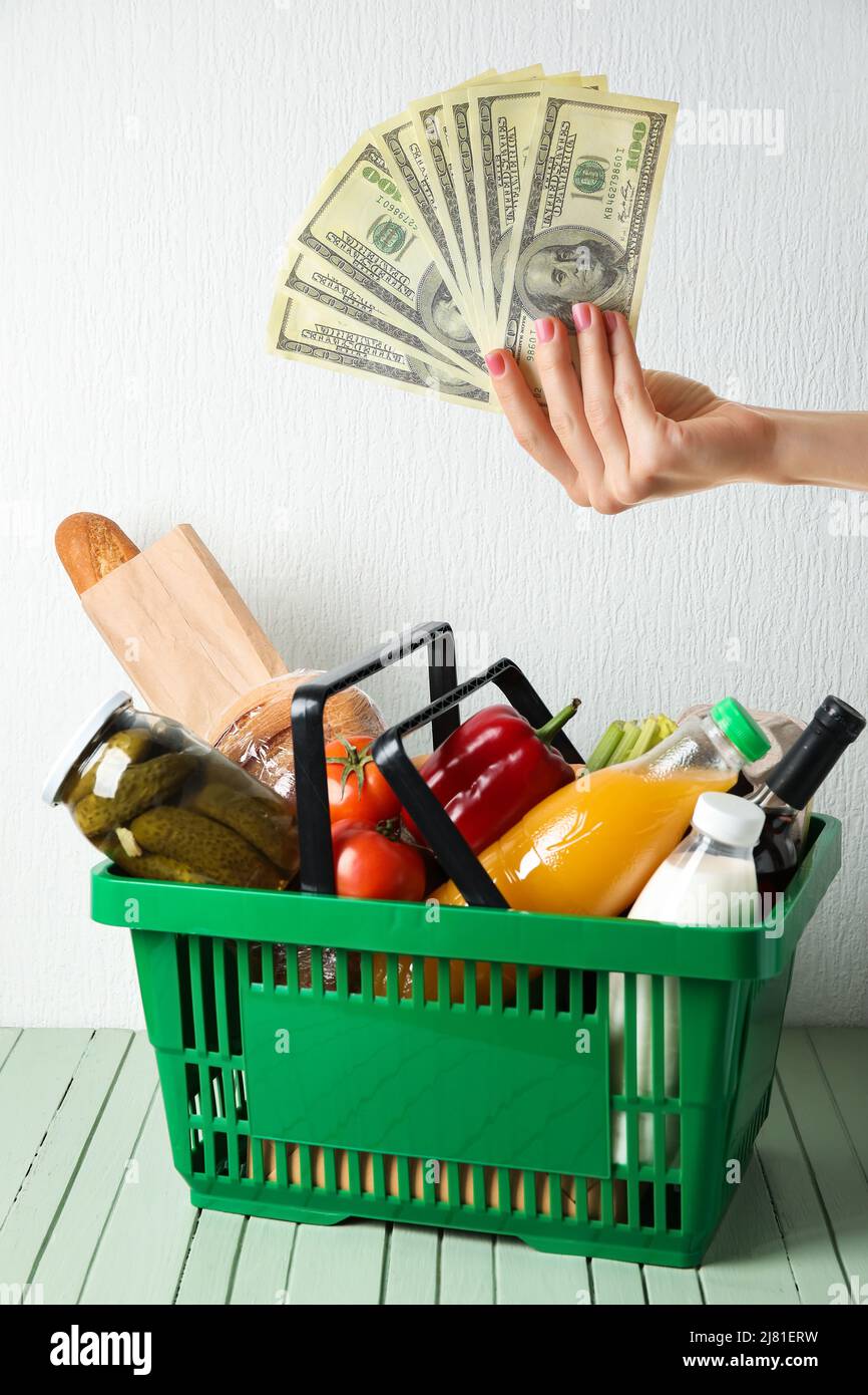 Shopping basket with products and hand holding money on light ...