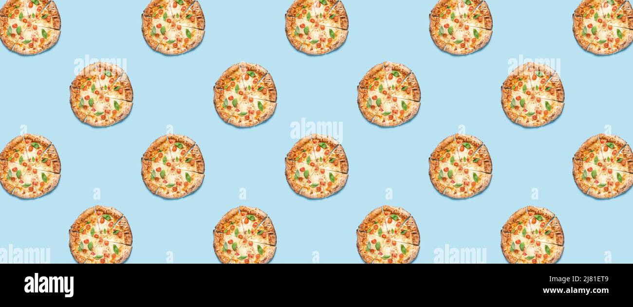Many sliced pizzas on light blue background. Pattern for design Stock ...