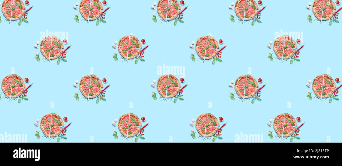 Many sliced pizzas and ingredients on light blue background. Pattern ...