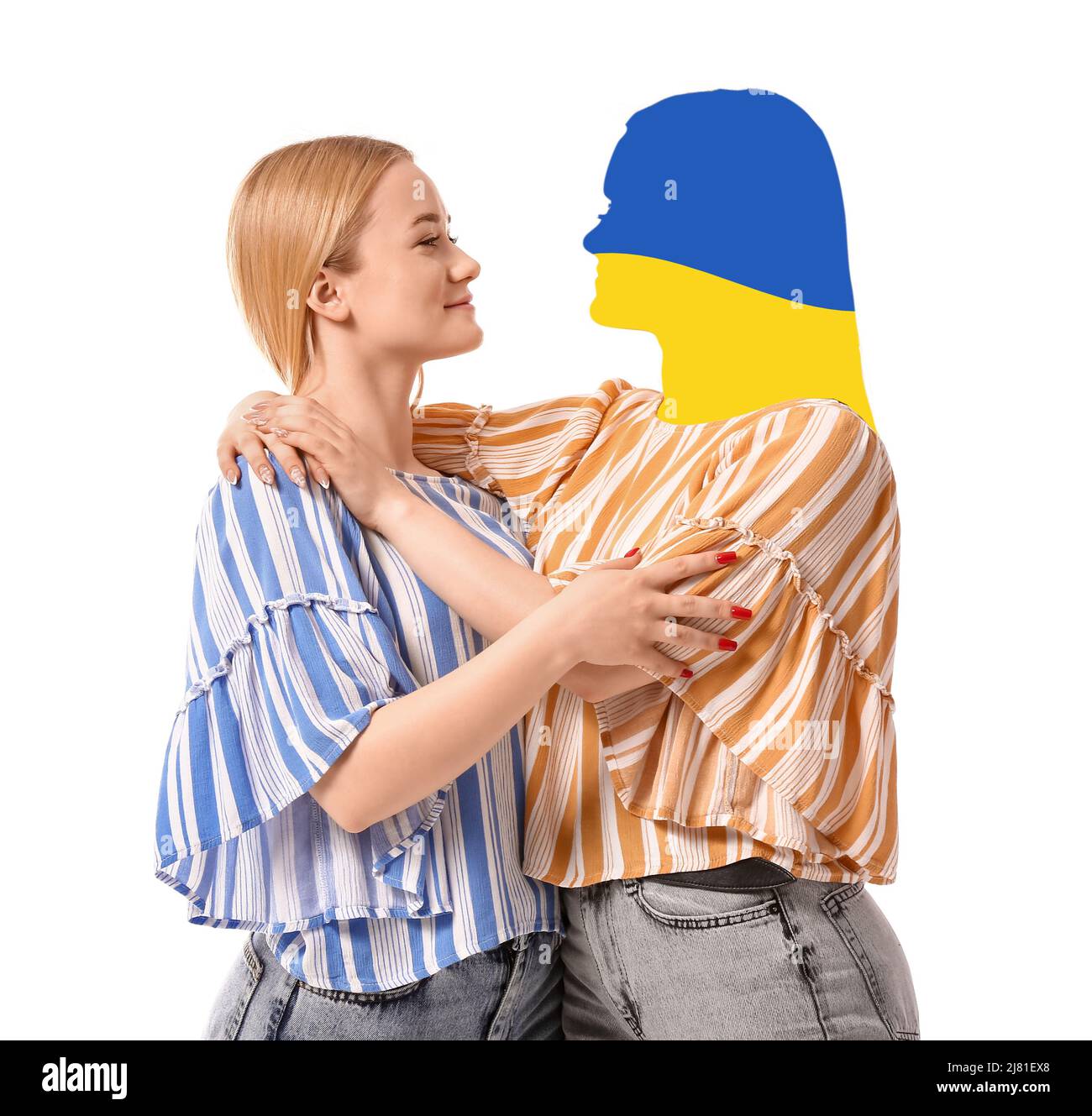 Young woman hugging her Ukrainian friend on white background Stock ...