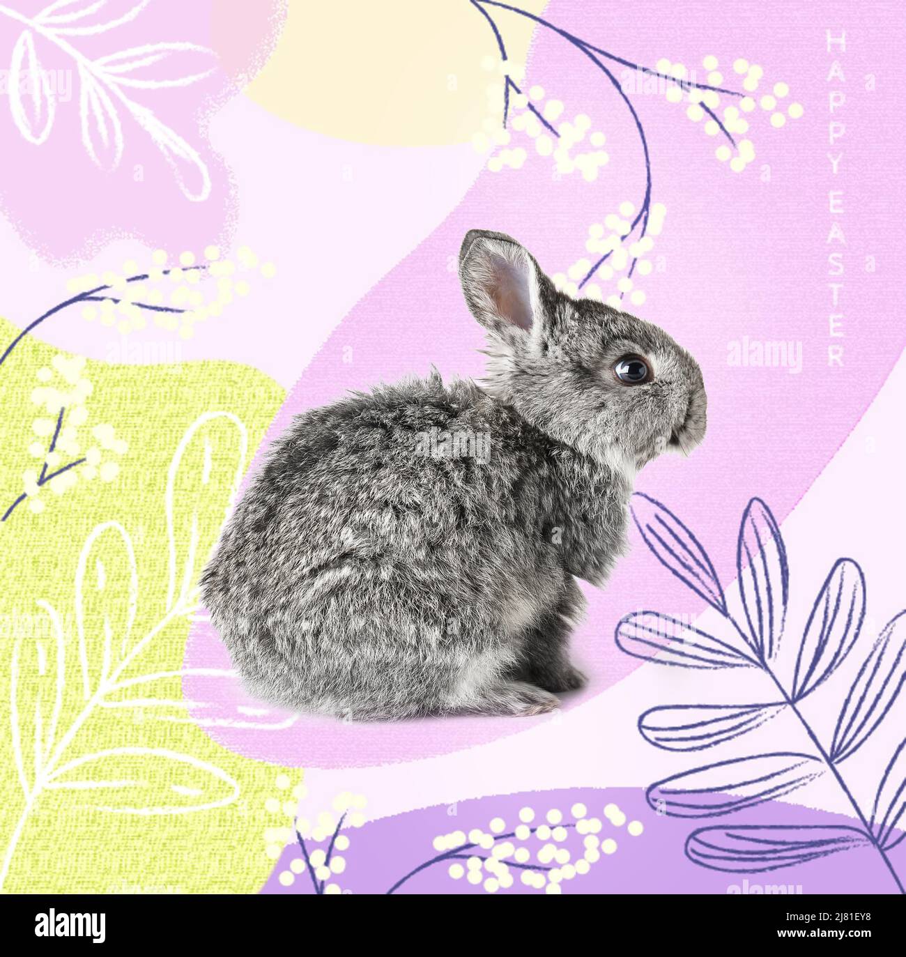 Cute fluffy rabbit on colorful background with drawn branches and ...