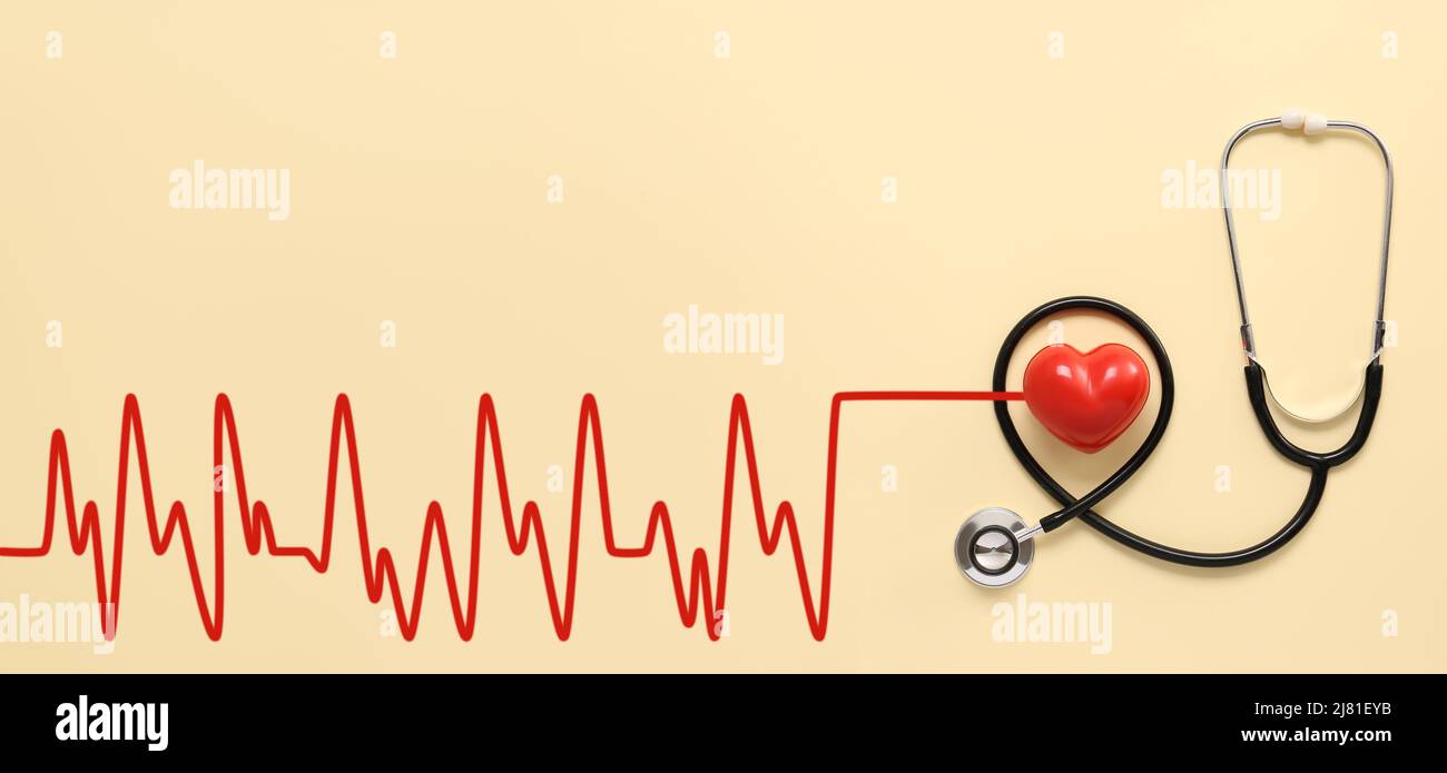 Stethoscope, red heart and drawn pulse on beige background. Cardiology ...