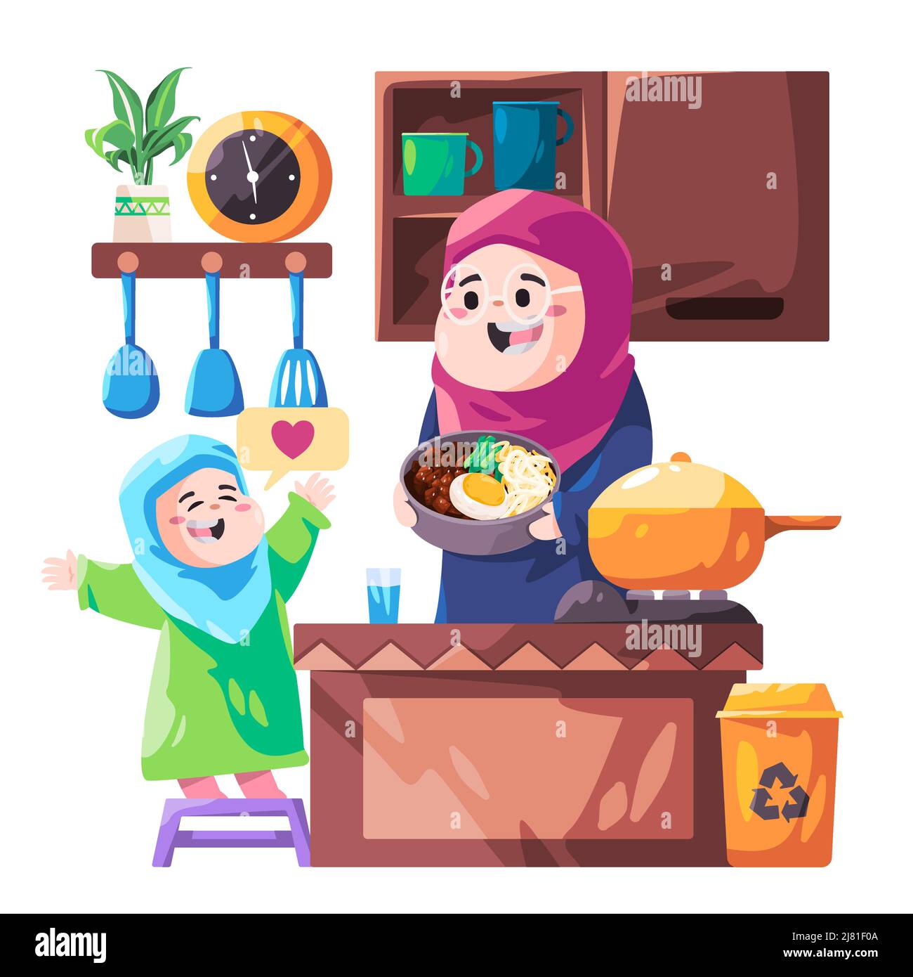 Kids girl helping mom coking dished in kitchen children illustration of ...
