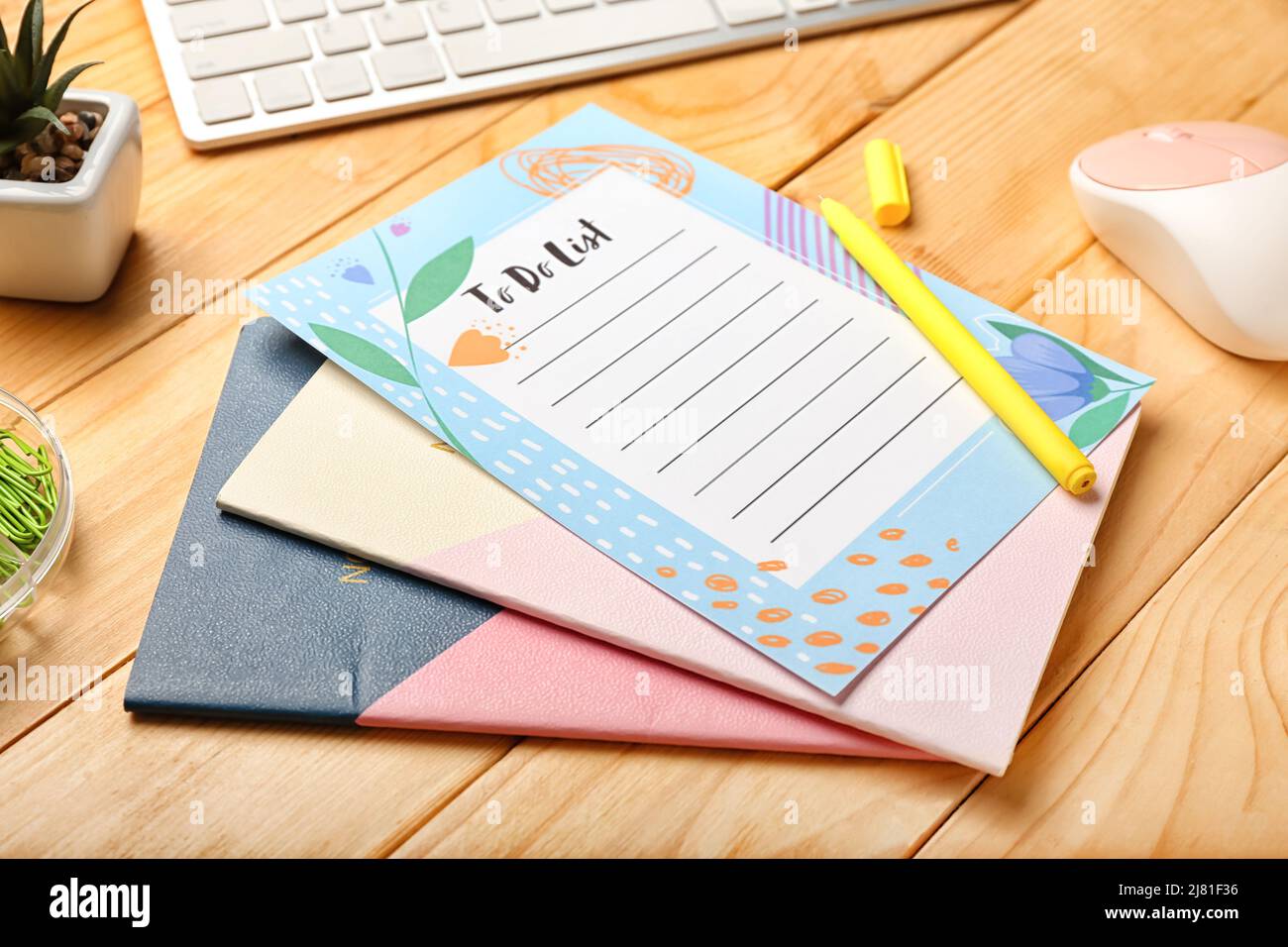 Blank to do list, notebooks and pen on wooden background Stock Photo ...