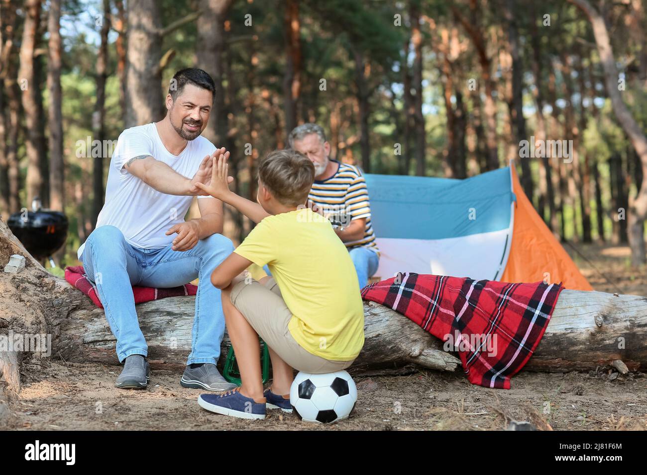 Handsome man giving high-five to his little son in forest Stock Photo ...