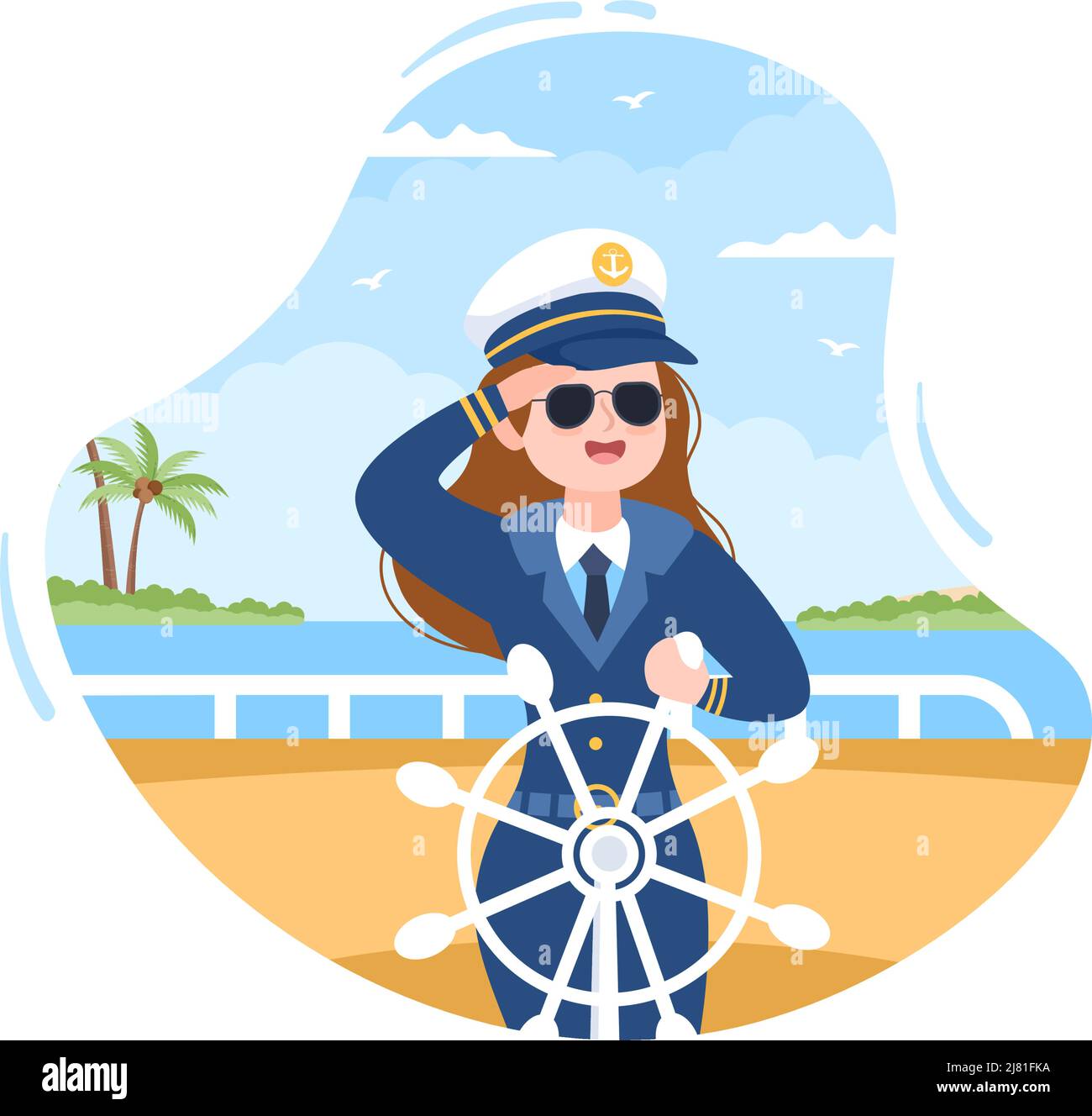 Cruise Ship Captain Cartoon Illustration in Sailor Uniform Riding a ...