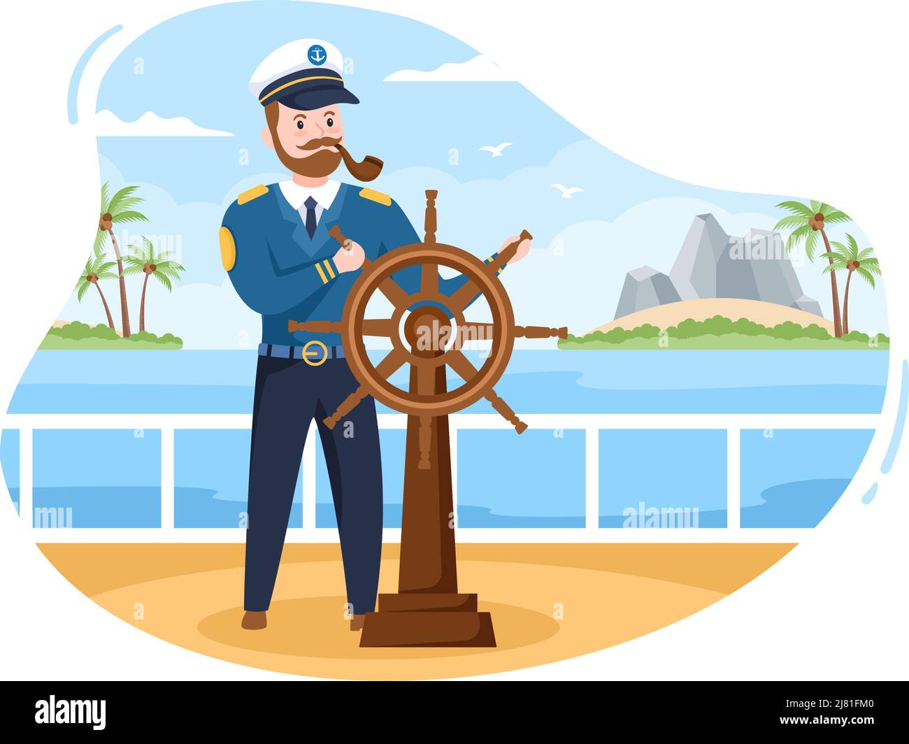 Cruise Ship Captain Cartoon Illustration in Sailor Uniform Riding a ...