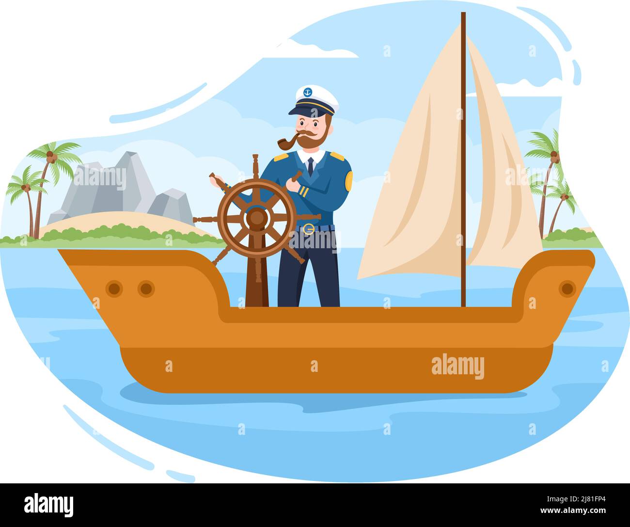 Cruise Ship Captain Cartoon Illustration in Sailor Uniform Riding a ...