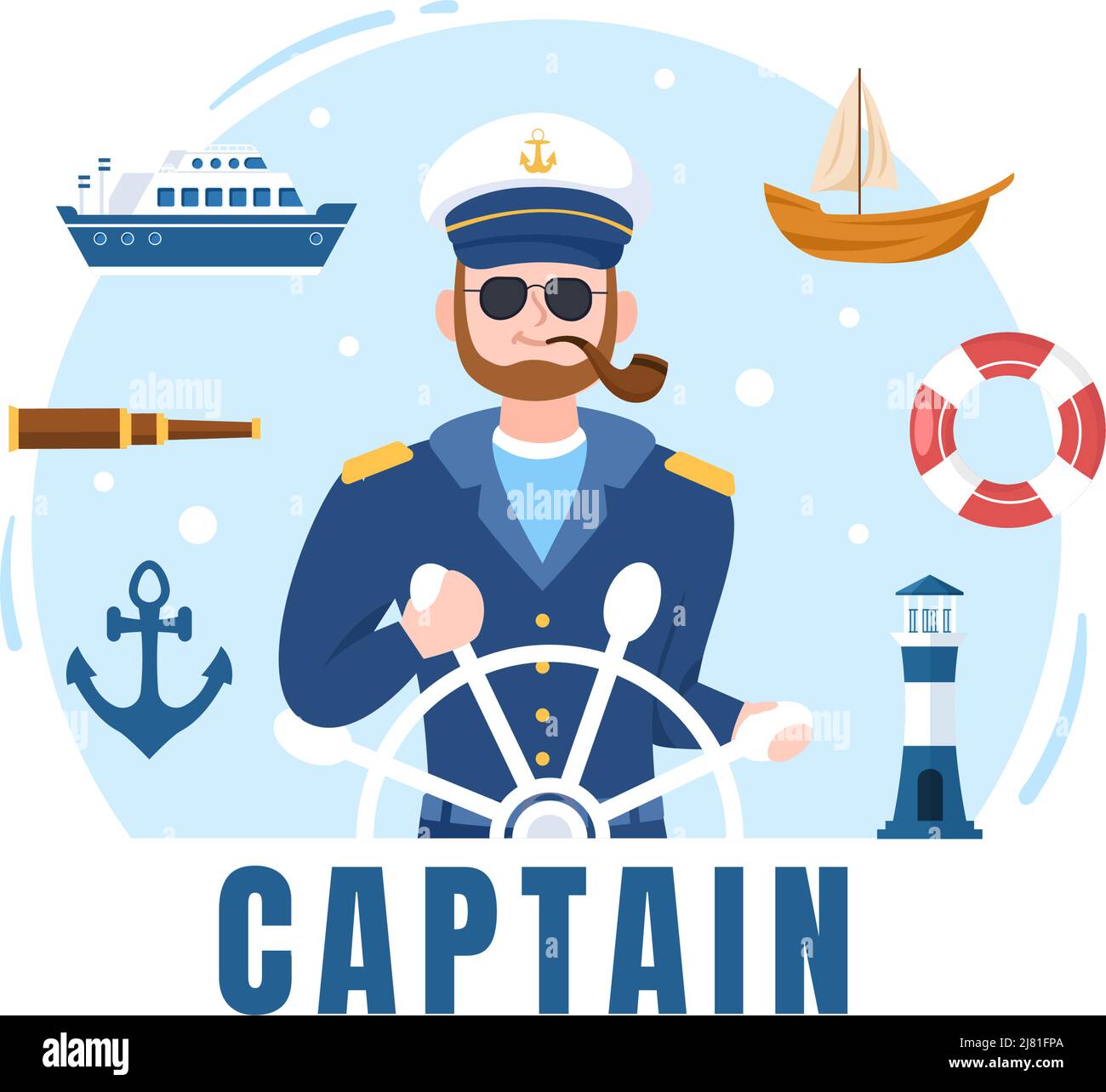 Cruise Ship Captain Cartoon Illustration in Sailor Uniform Riding a ...