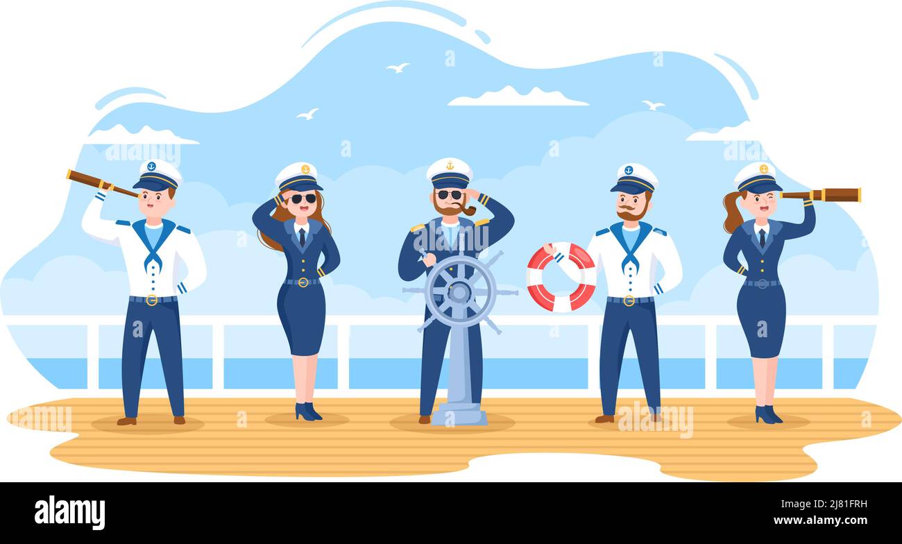 Cruise Ship Captain Cartoon Illustration in Sailor Uniform Riding a ...