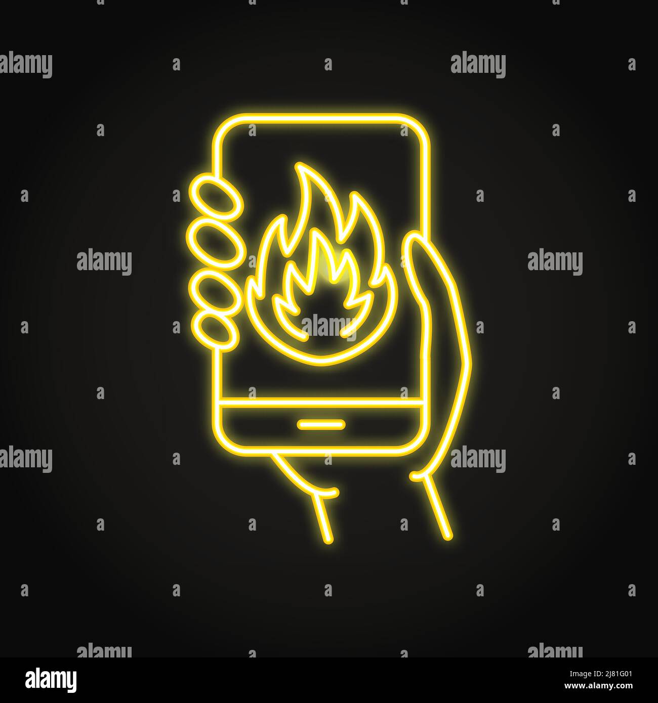 Hand holding smartphone with fire image neon icon. Bad news, emergency ...