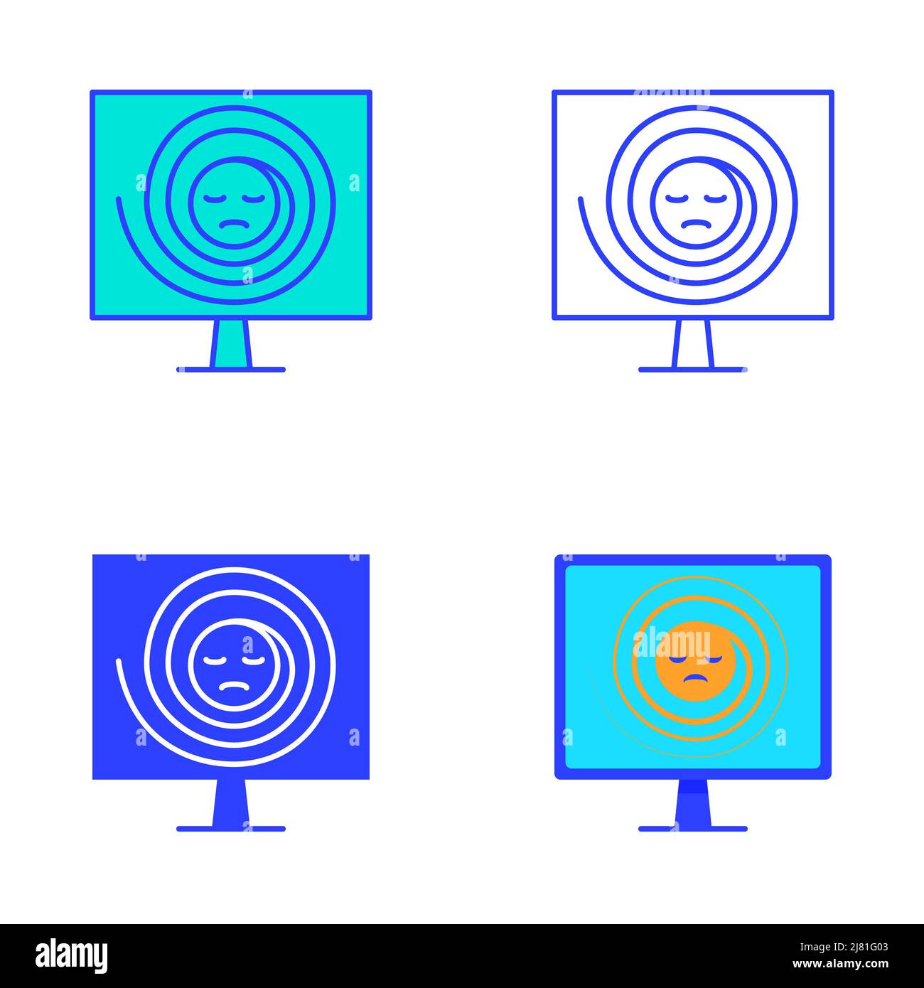 Computer monitor with sad smiley icon set in flat and line style. Bad news, doomscrolling ...