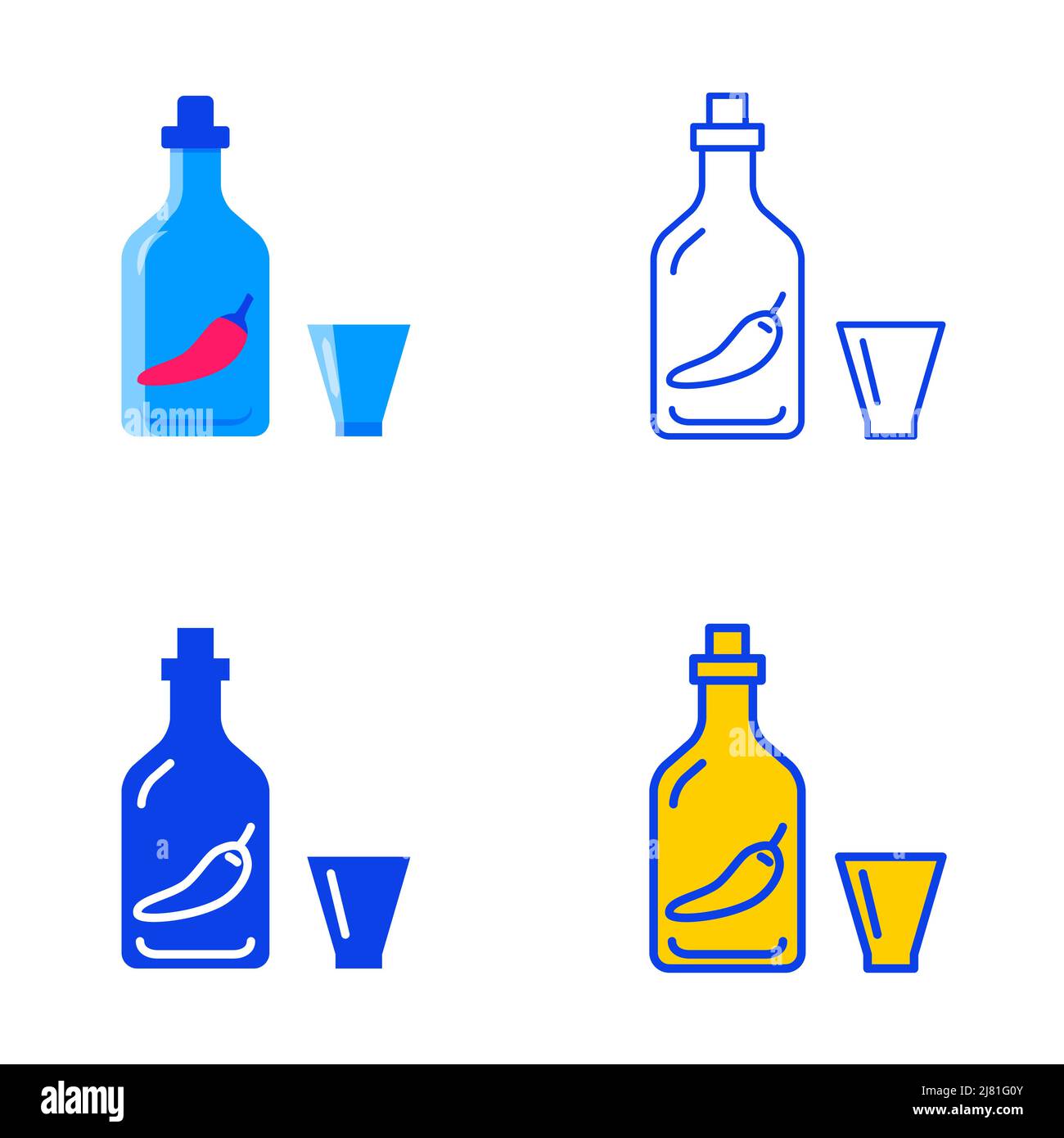 Vodka with pepper icon set in flat and line style. Horilka symbol ...