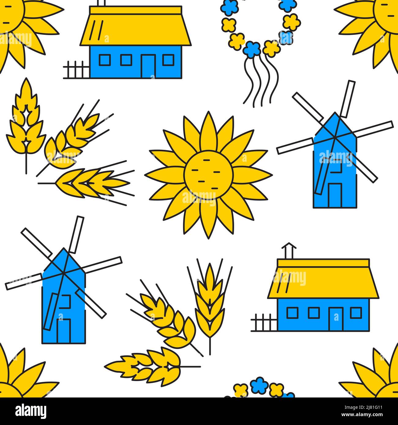 Ukrainian house, windmill and plants seamless pattern. Country life ...