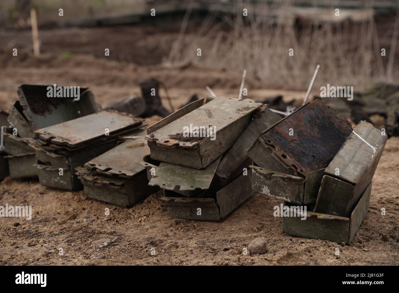 Demining by troops of the territory. Many mines, shells, artillery ...