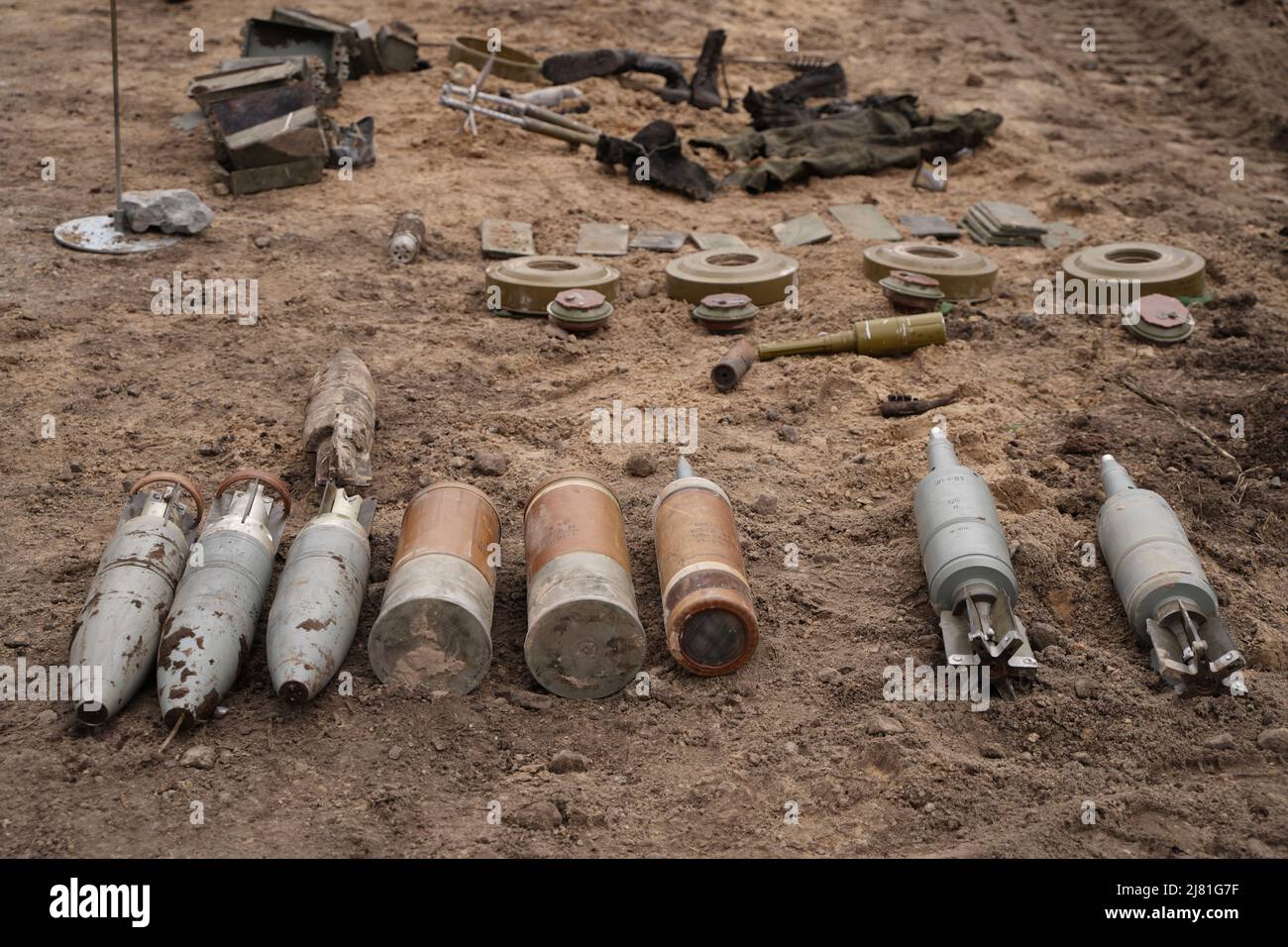 Demining by troops of the territory. Many mines, shells, artillery ...