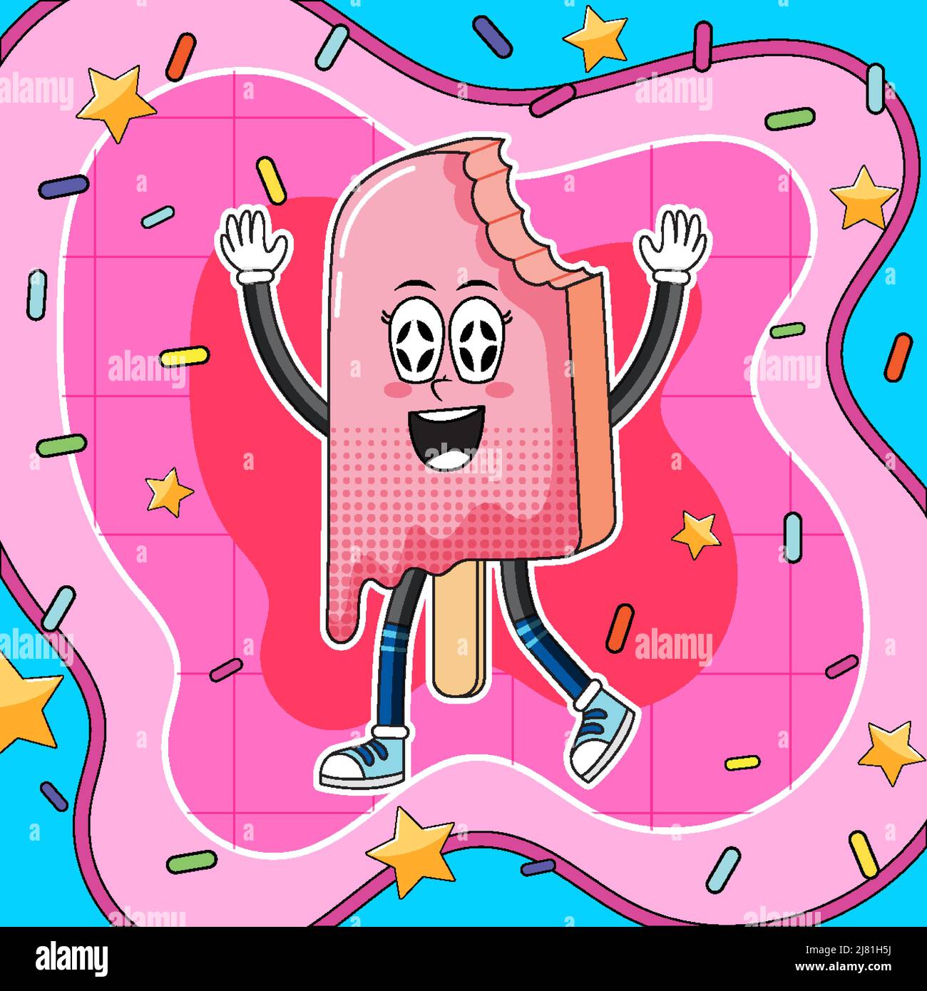 Ice cream cartoon character with retro background illustration Stock ...