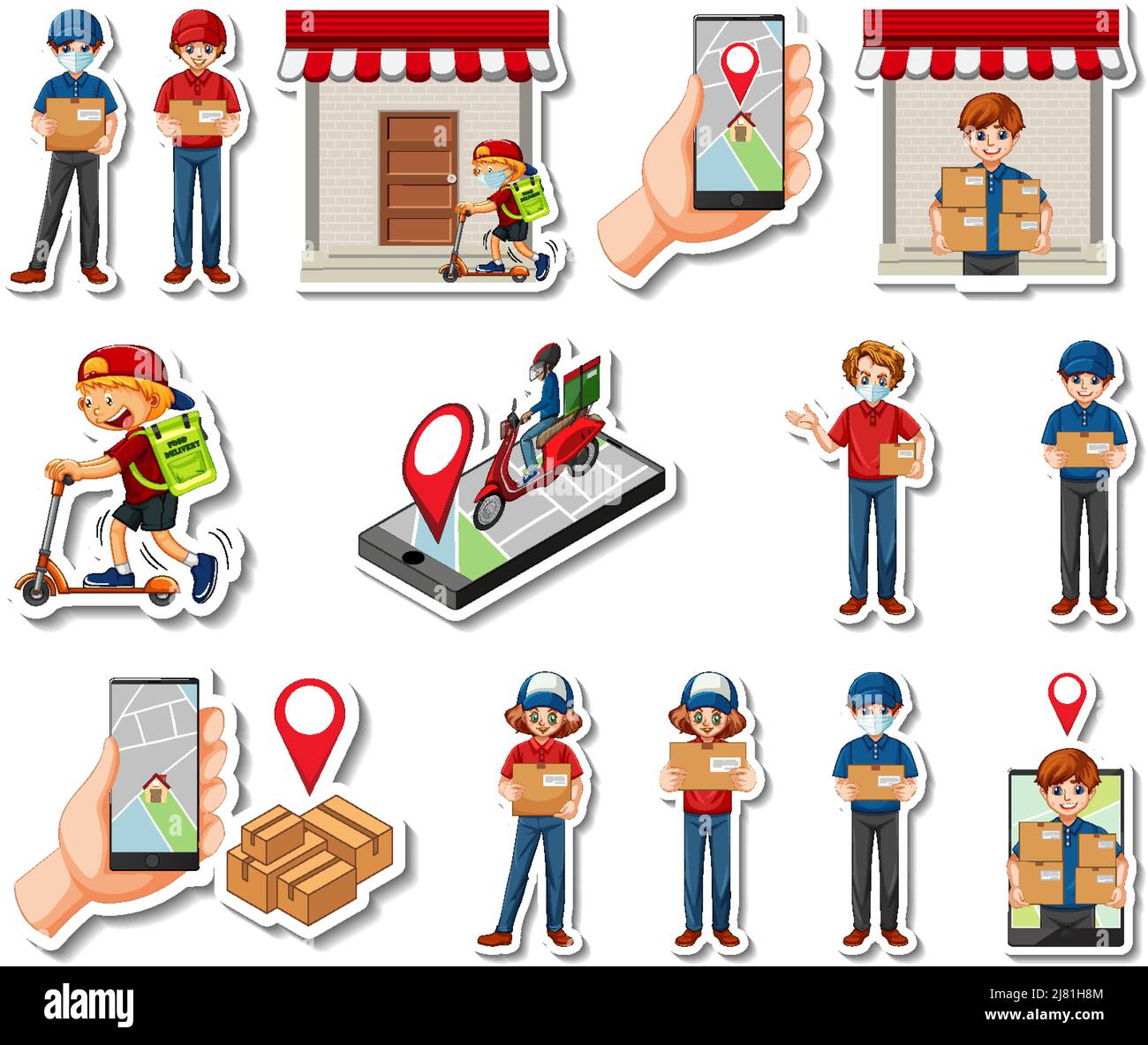 Sticker set of delivery objects and cartoon characters illustration ...