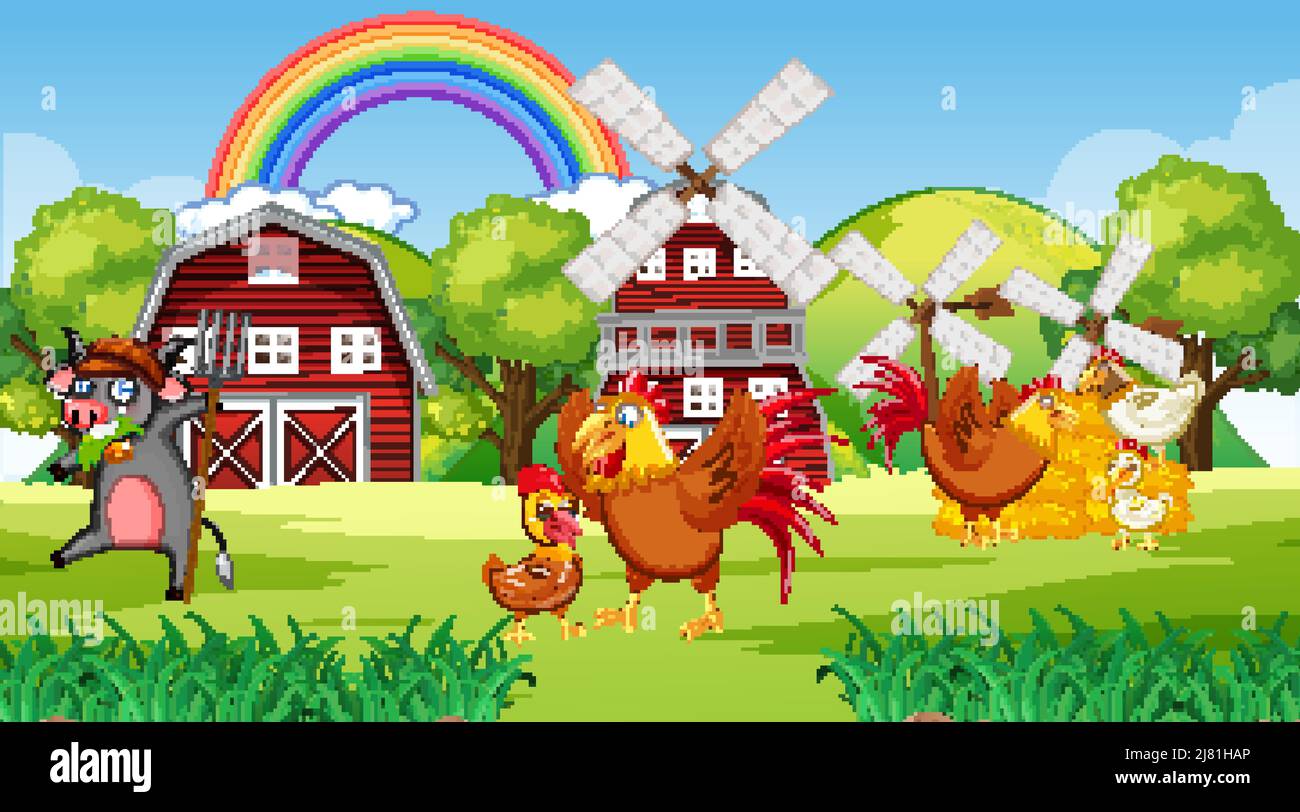 Farm scene with farm animals illustration Stock Vector Image & Art - Alamy