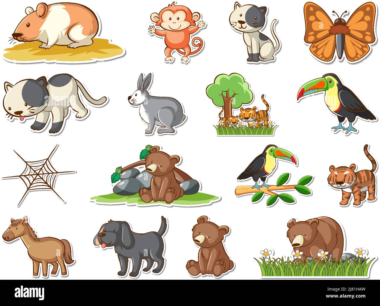 Sticker set of cartoon wild animals illustration Stock Vector Image ...