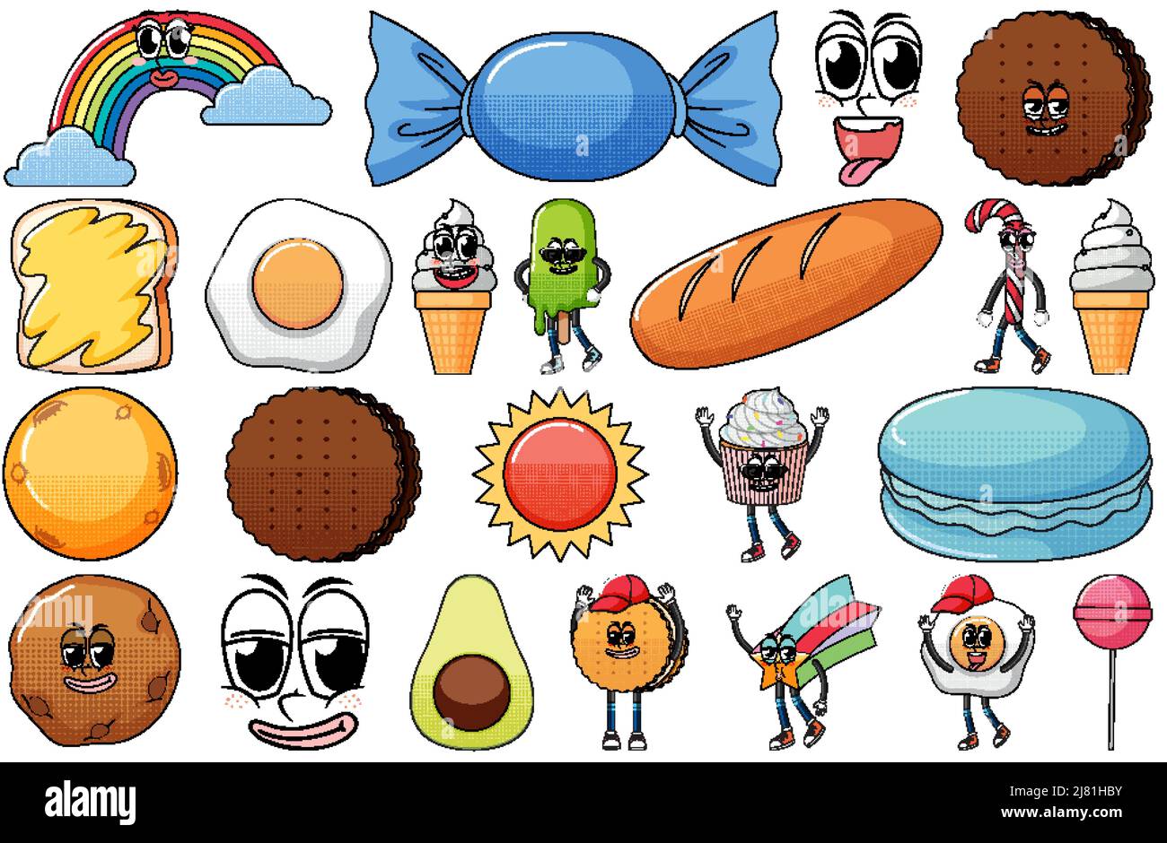 Set of facial expression with vintage style food cartoon on white ...