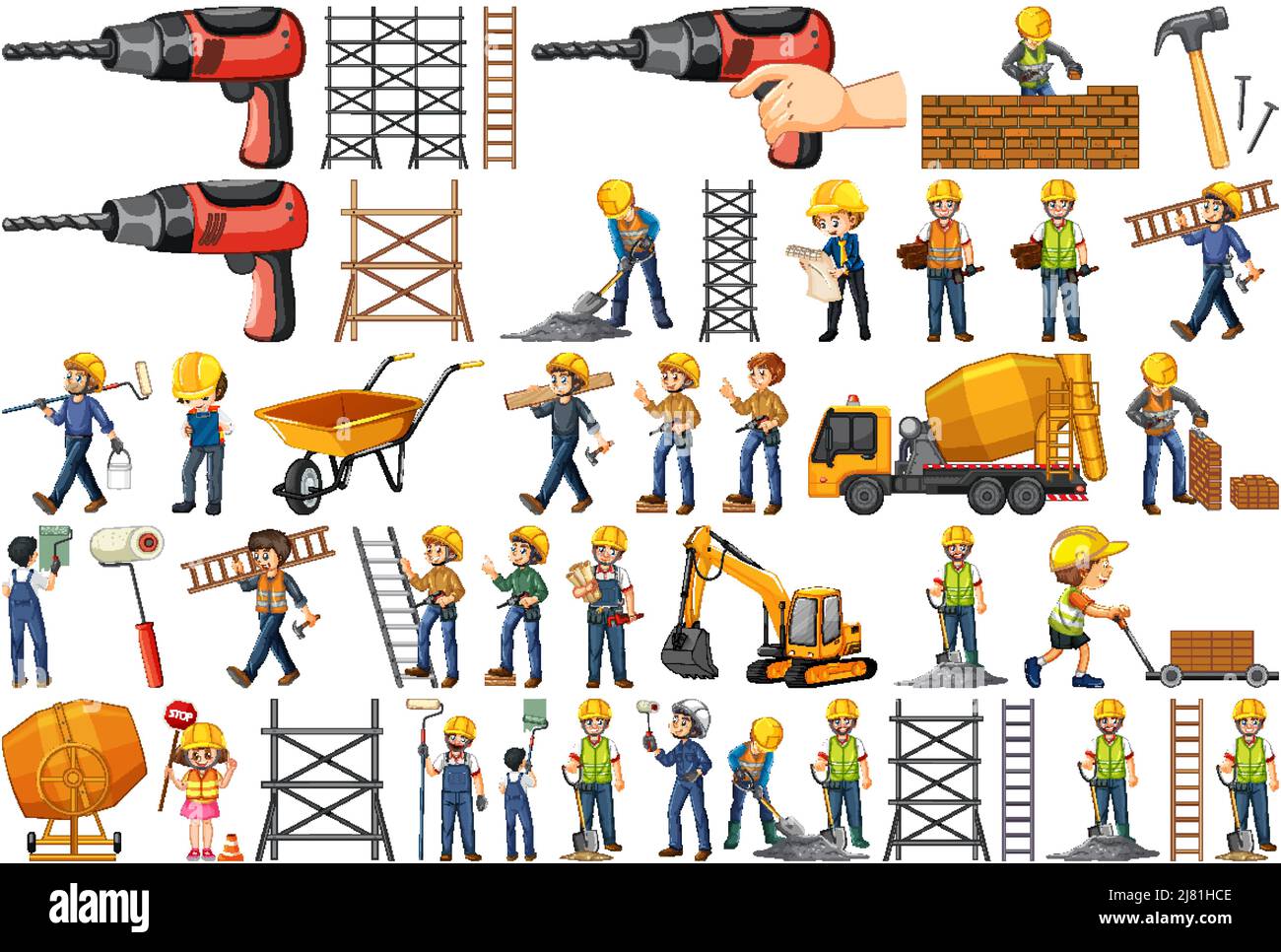 Construction worker set with man and tools illustration Stock Vector ...