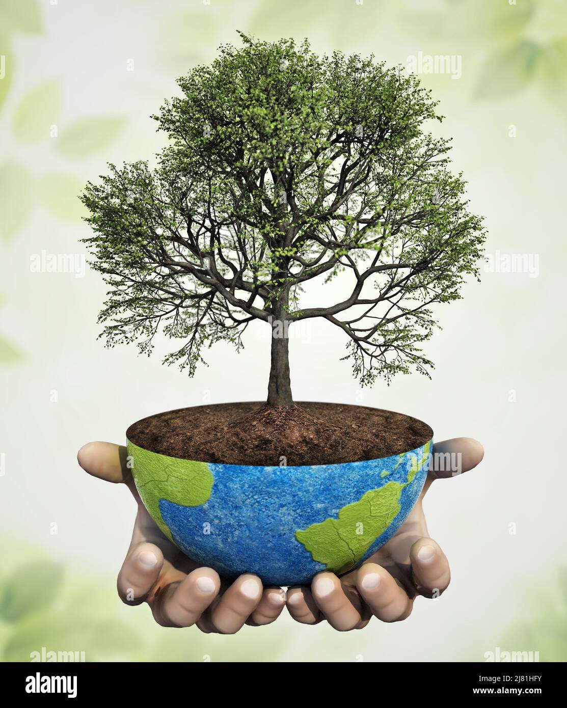 Hands holding an oak tree planted on a globe. Sustainability concept ...