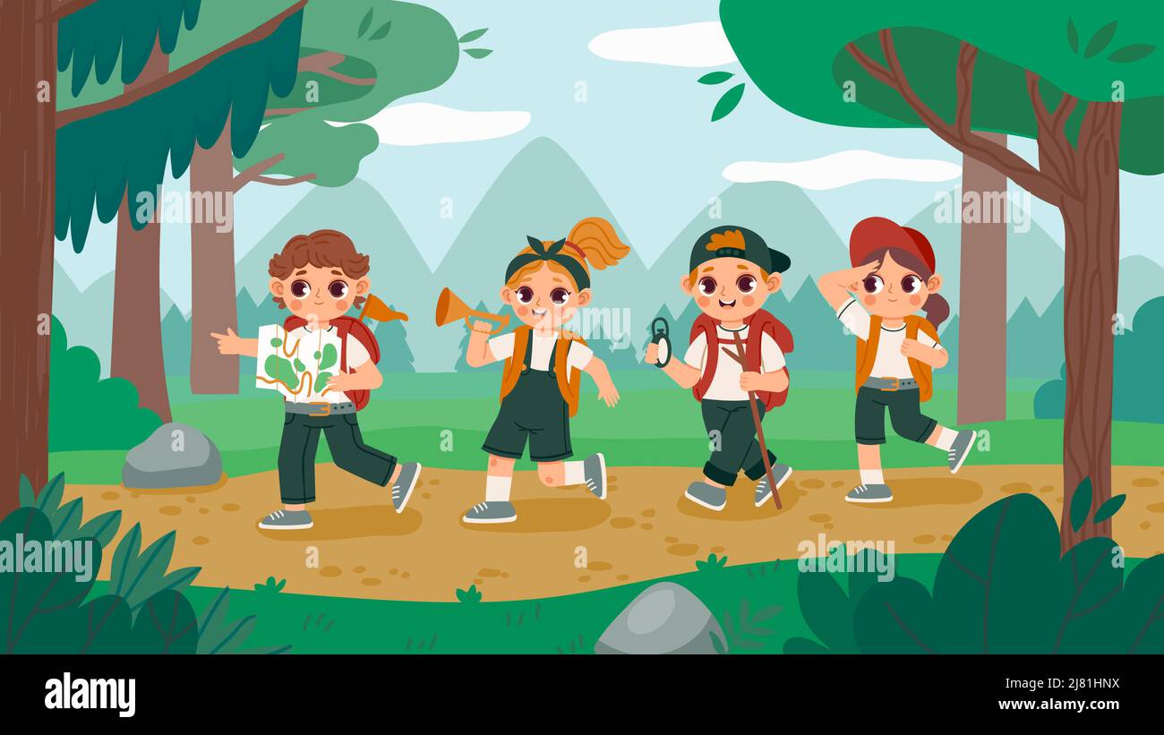 Kids on a hike. Cartoon kids walking in wood, summer journey and ...