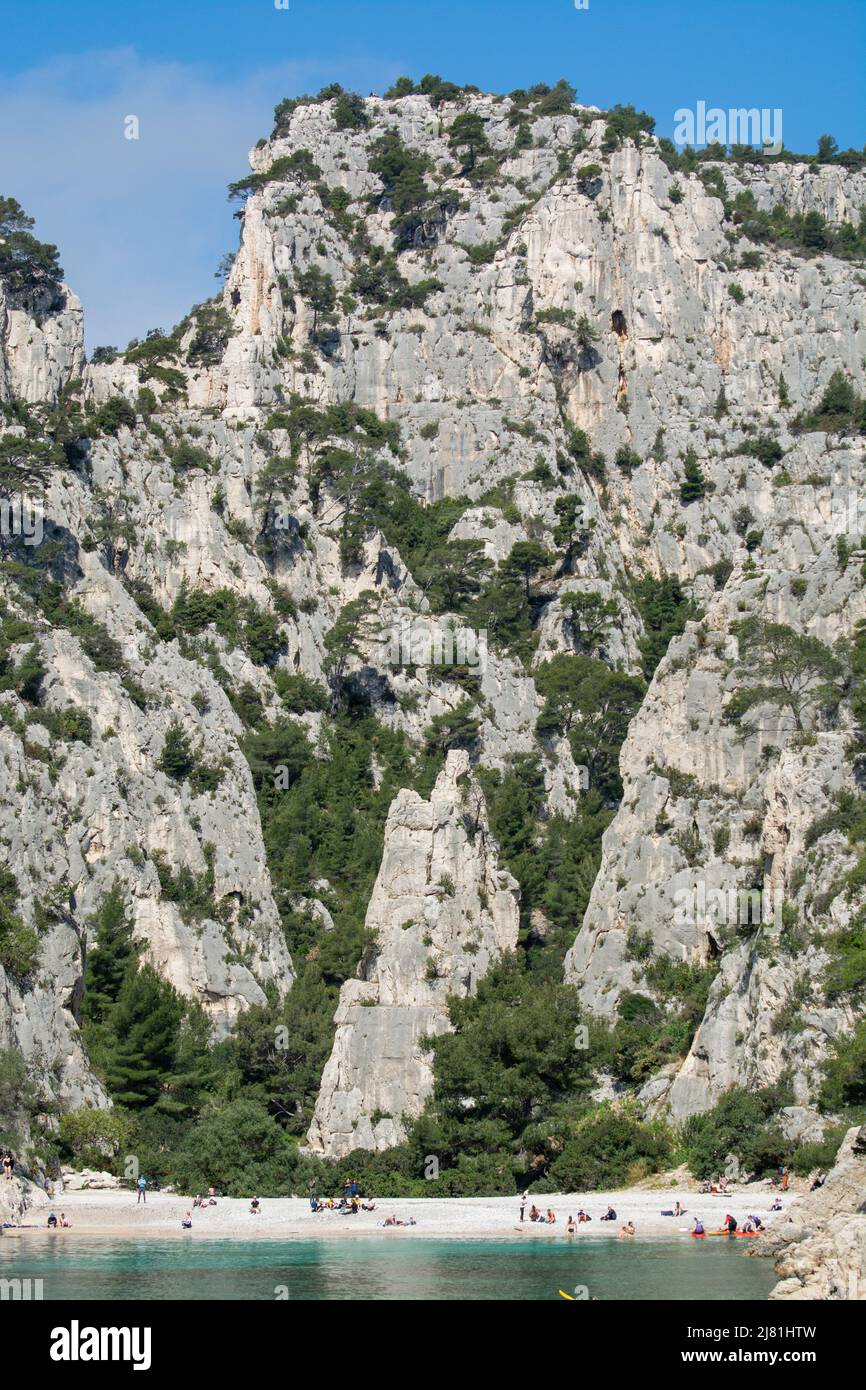 View on Calanque d'En-vau with white sandy beach near Cassis, boat ...