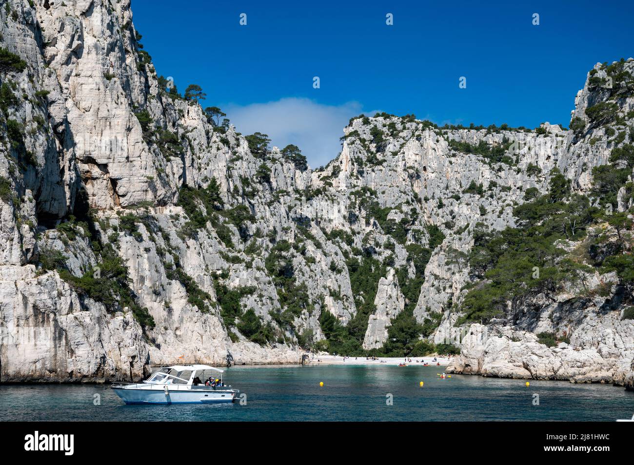 View on Calanque d'En-vau with white sandy beach near Cassis, boat ...