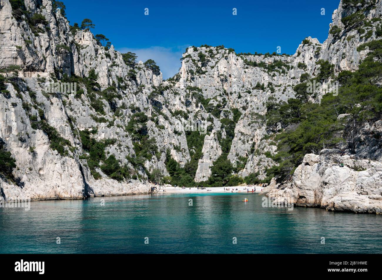 View on Calanque d'En-vau with white sandy beach near Cassis, boat ...