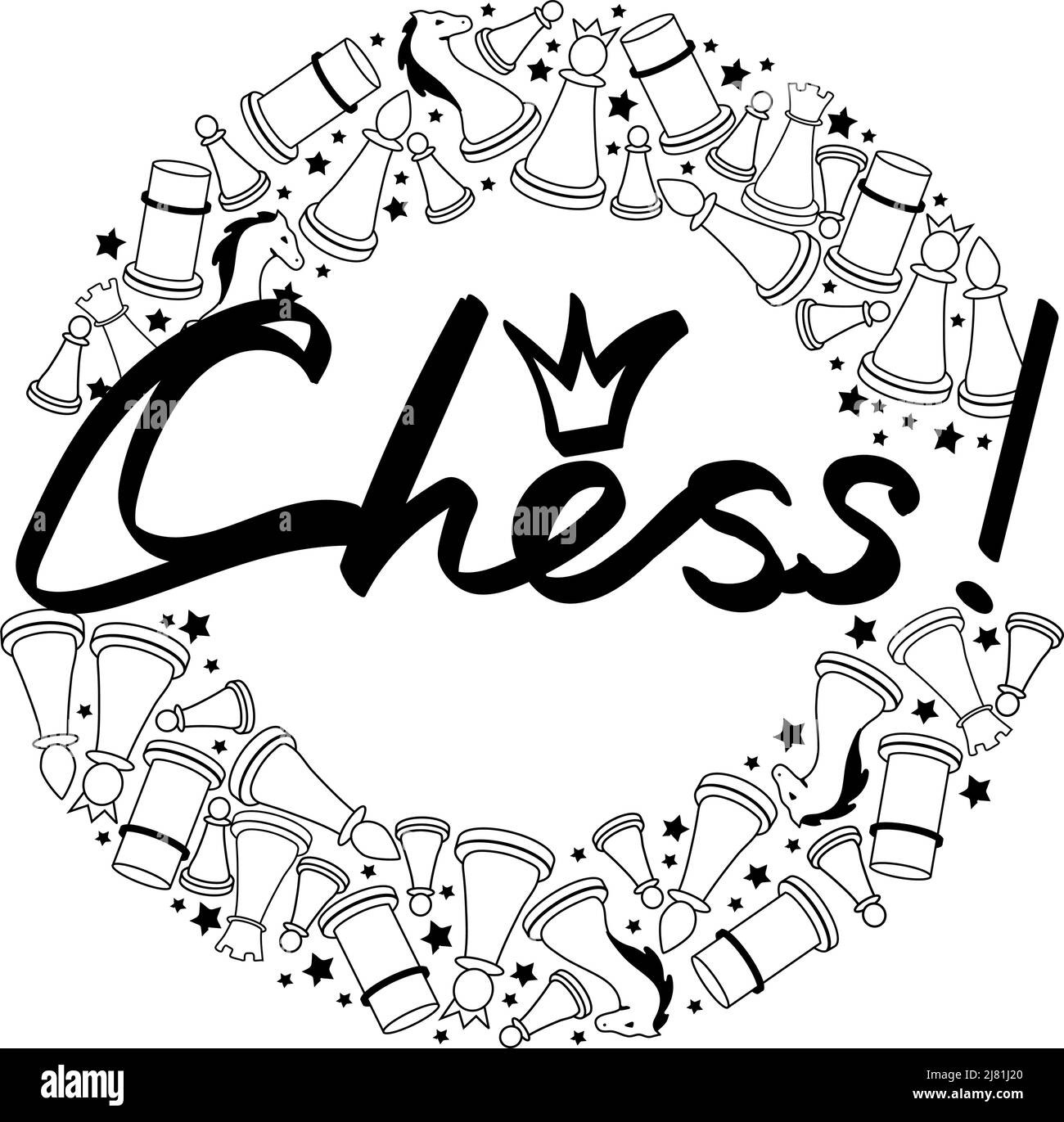 Chess, handwritten lettering, and a set of doodle-style chess pieces ...