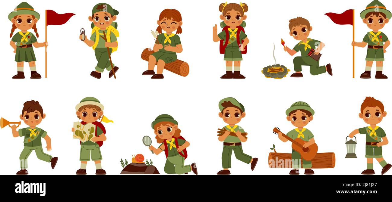 Scout kids. Cute cartoon boys and girls in scout uniform for summer ...