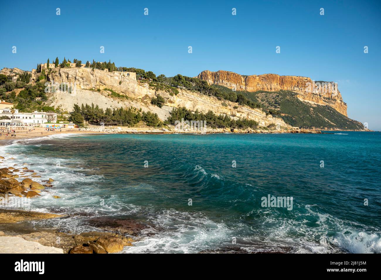 View from beach of Provencal Cassis, boat excursion to Calanques ...