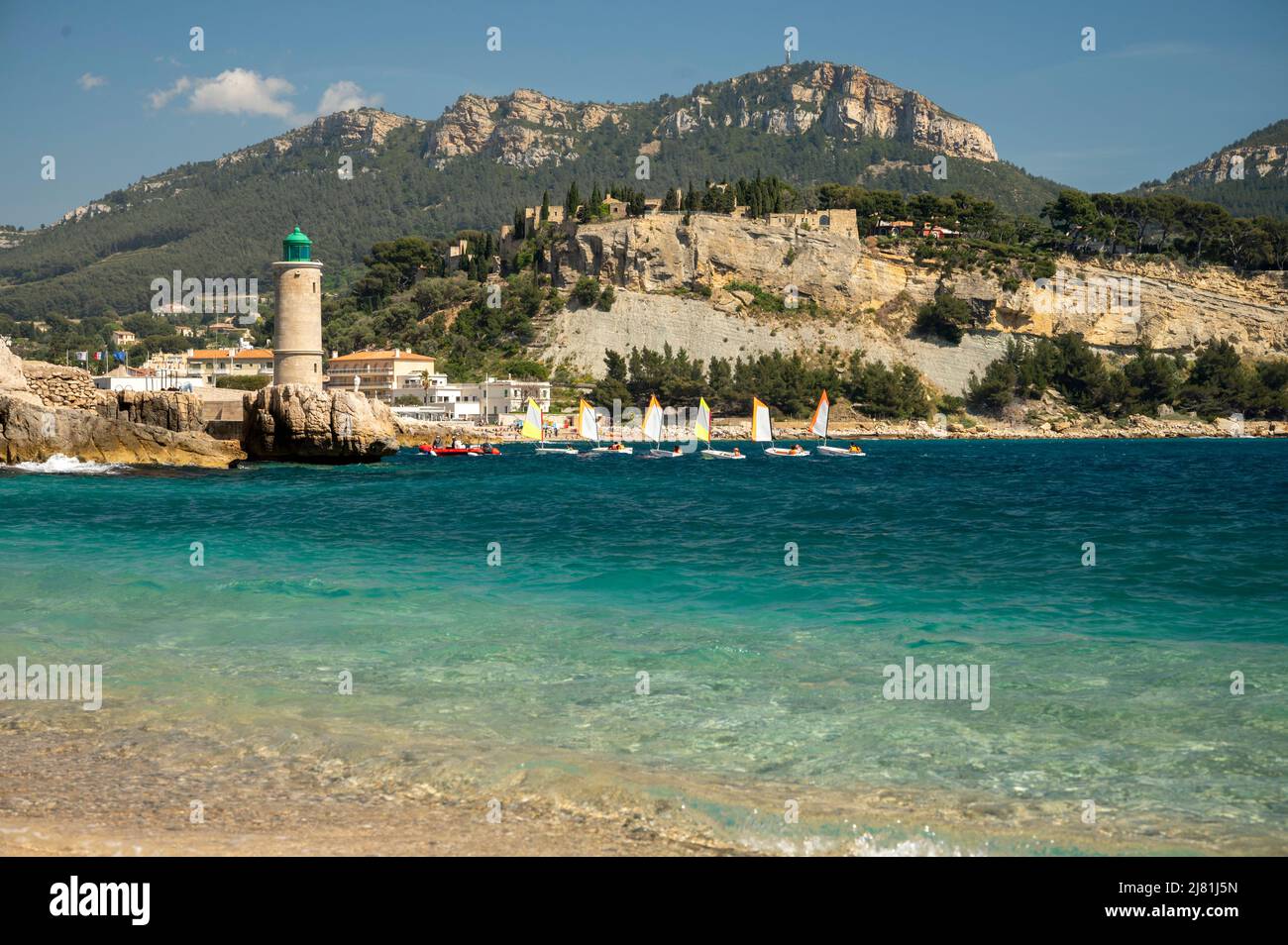 Panoramic view on cliffs, blue sea clear water on Plage du Bestouan ...